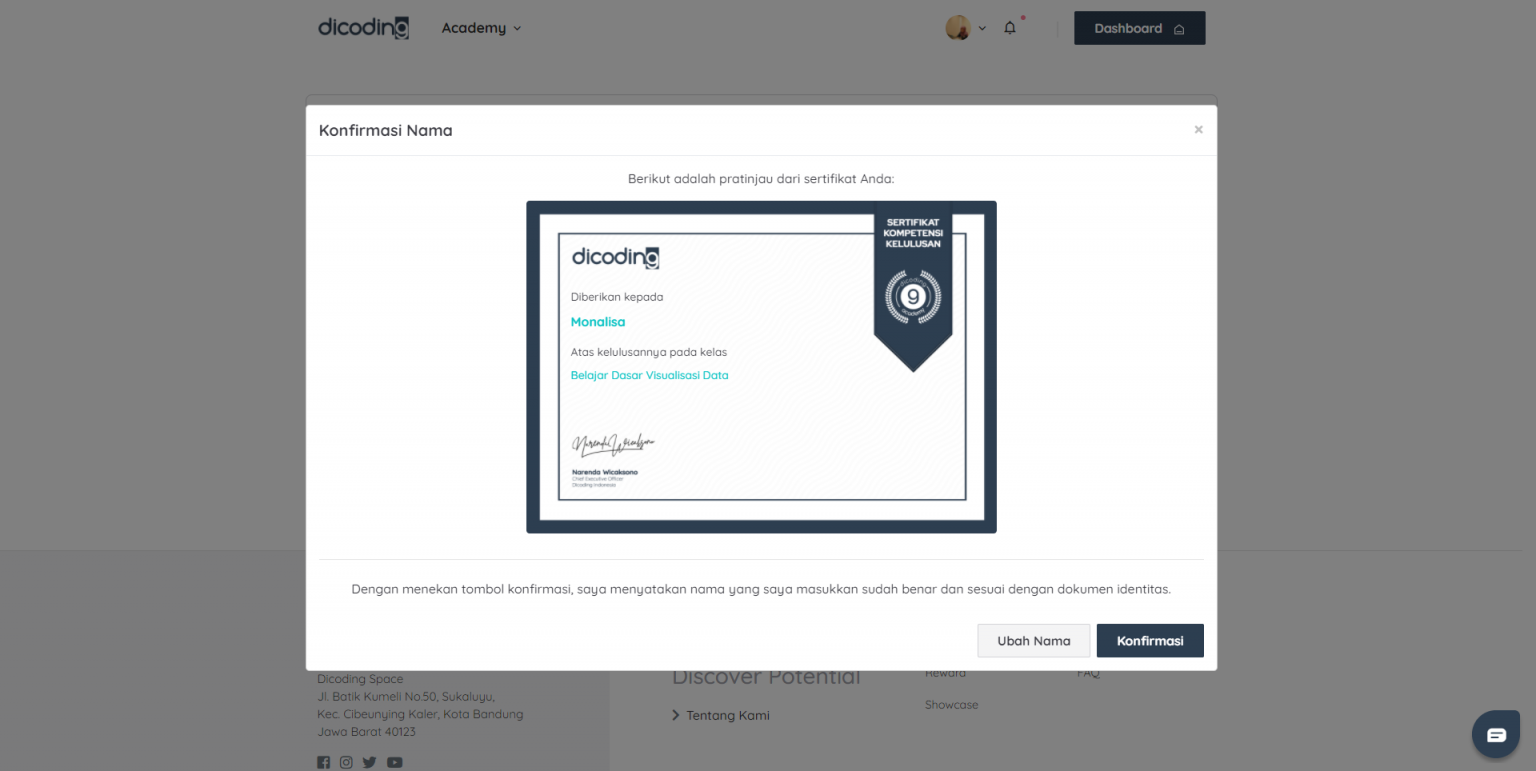 Cara Mencetak Sertifikat Kelulusan Kelas – Dicoding's Help | Dicoding's Help