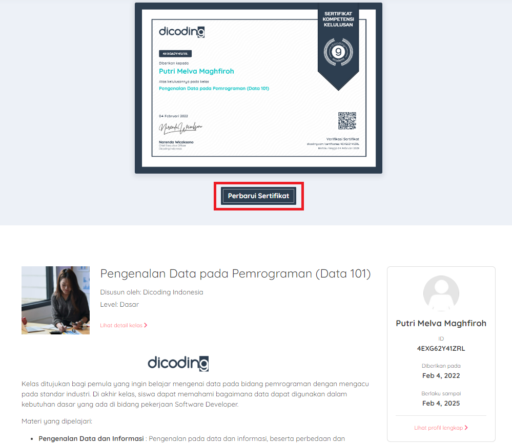 Cara Perbarui Sertifikat Kelas – Dicoding's Help | Dicoding's Help