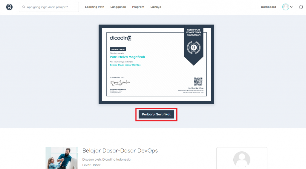 Cara Perbarui Sertifikat Kelas – Dicoding's Help | Dicoding's Help