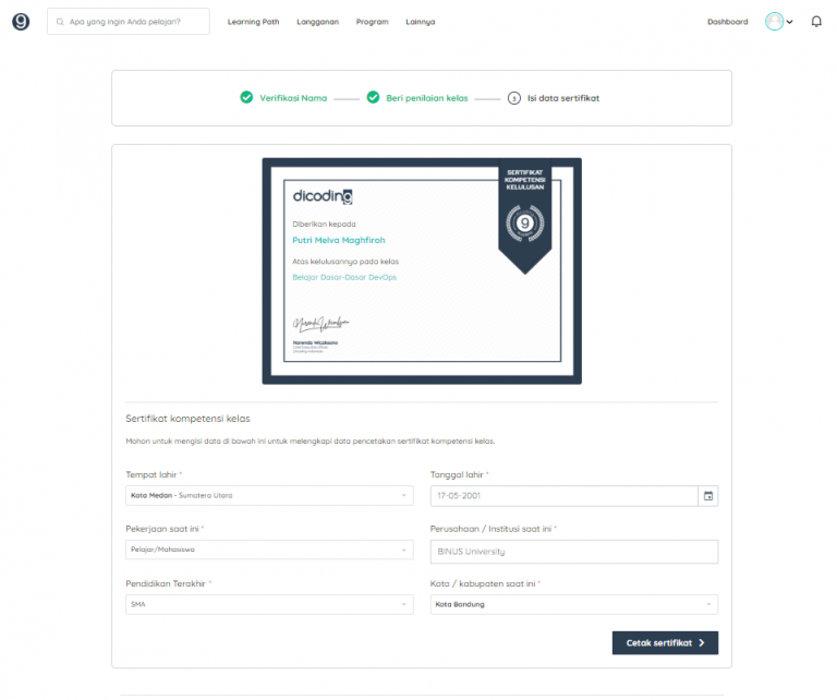 Cara Mencetak Sertifikat Kelulusan Kelas – Dicoding's Help | Dicoding's ...